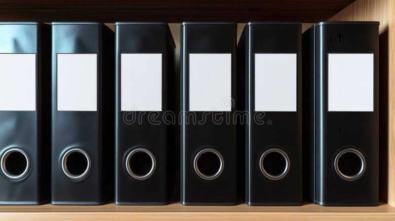 Black Ring Binders Standing in a Row on Wooden Shelf Stock Image ...