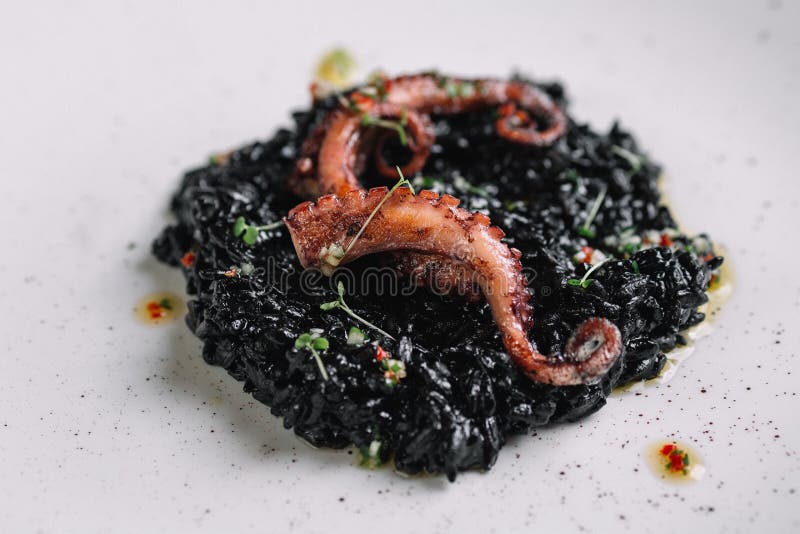 Black Risotto with Cuttlefish Ink and Octopus Tentacles on Irregular ...
