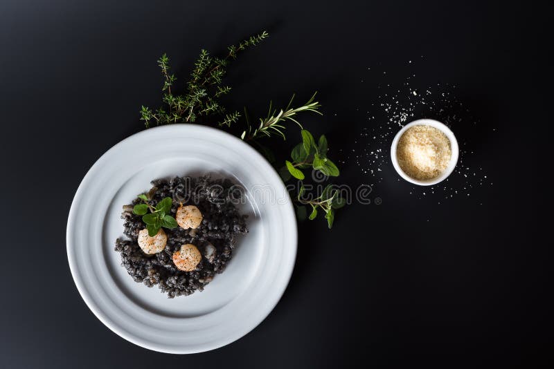 Black Risotto and Shrimp, Italian Creative Food Stock Photo - Image of ...