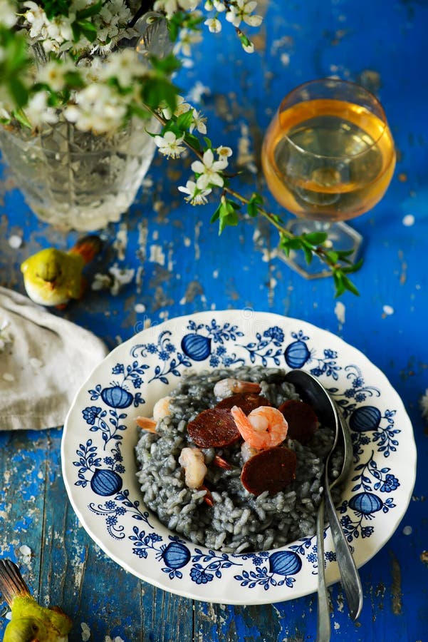 Black Risotto with Shrimp and Chorizo...style Rustic Stock Photo ...