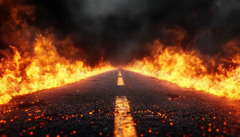 Black Road Engulfed in Blazing Flames and Fiery Render Stock Photo ...