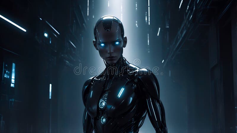 Black Robot Android Stands with a Powerful, Augmented Gaze. Evil ...