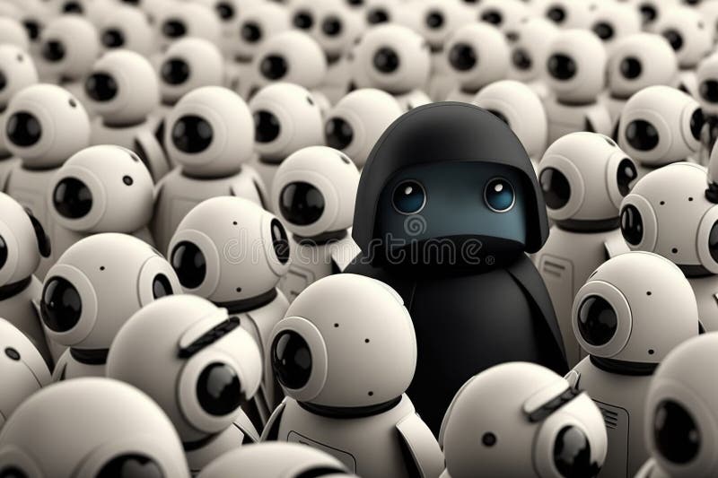 A Black Robot in the Crowd of White Robots Stock Illustration ...