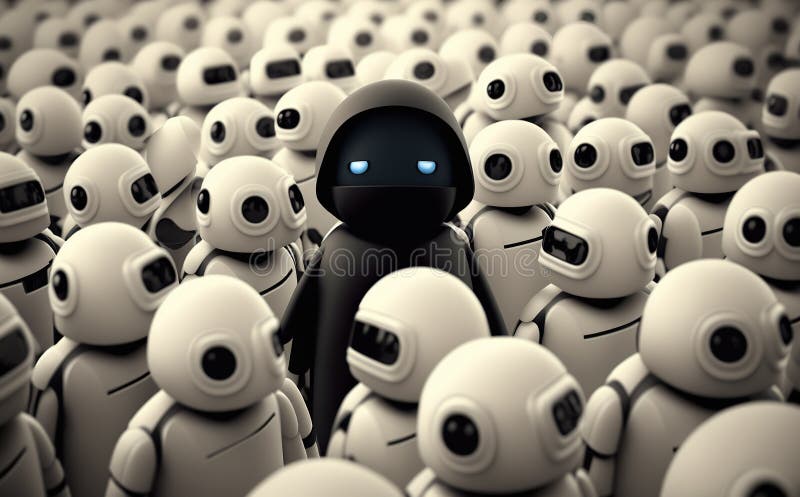 A Black Robot in the Crowd of White Robots Stock Illustration ...