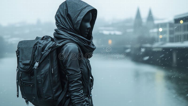 Black Robot with an Eyeless Face in Black Clothes and a Backpack is ...