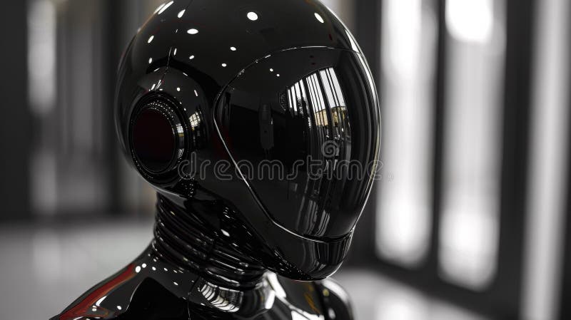 A Black Robot with a Helmet on in an Empty Room, AI Stock Image - Image ...