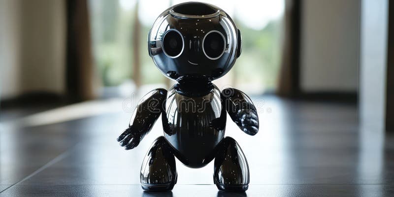 Black Robot with Large Eyes Standing on a Reflective Floor Stock ...