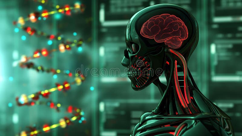 Black robot with red brain stock illustration. Illustration of data ...