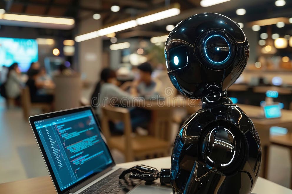 Futuristic Black Robot in a Modern Cafe Working on a Laptop. Coding on ...