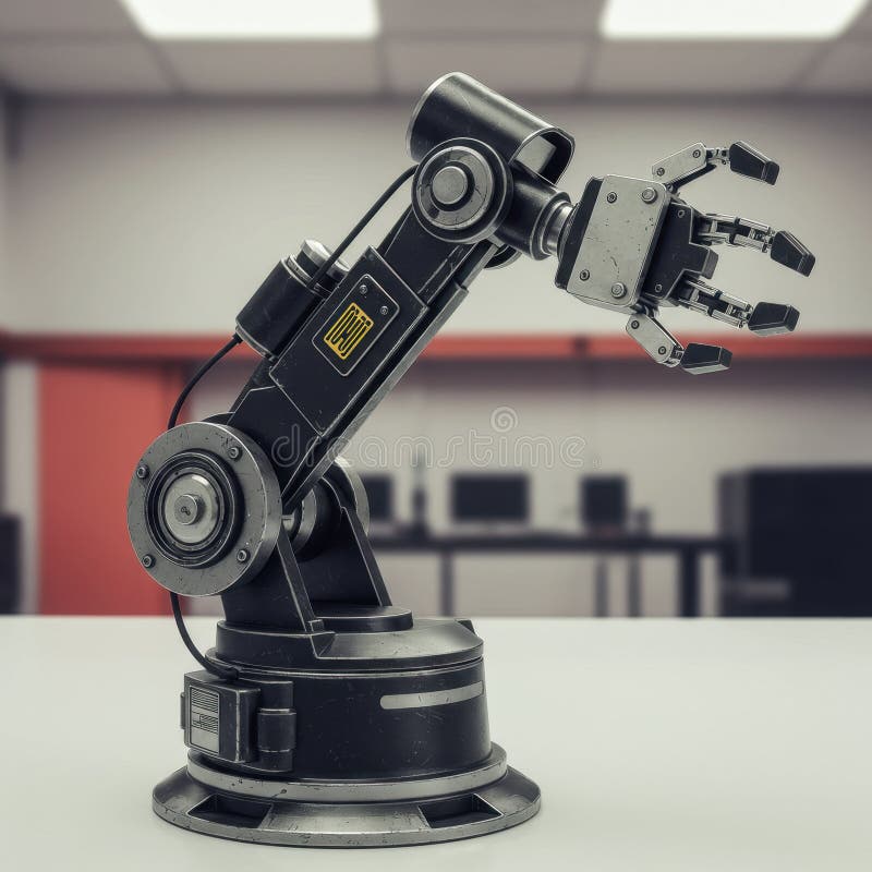 Black Robotic Arm on Table in Industrial Setting Stock Illustration ...