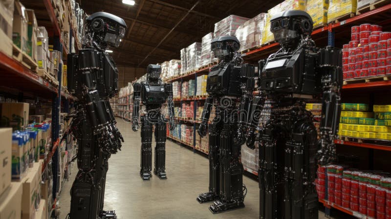 Black Robots in a Warehouse Aisle Stock Illustration - Illustration of ...