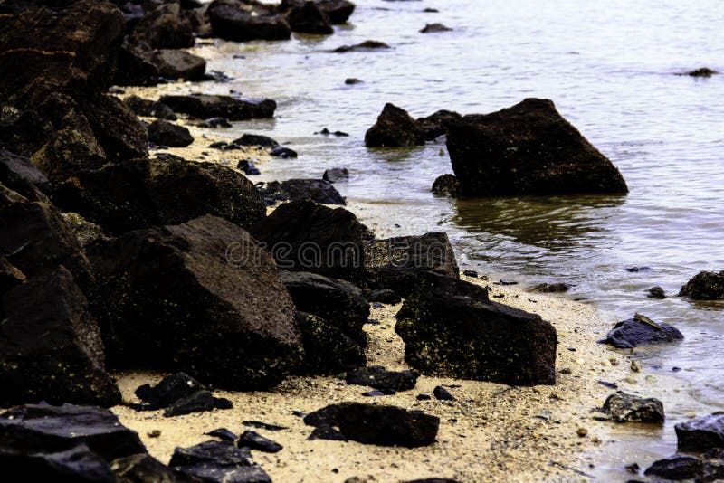 Black rock at beach stock photo. Image of yellow, rock - 83406206