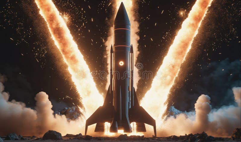 A Black Rocket Ship Blasts Off from a Launch Pad, Surrounded by Plumes ...
