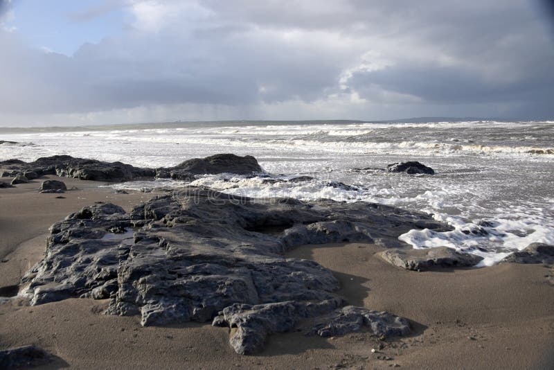 The Black Rocks on Ballybunion Beach Stock Photo - Image of empty ...