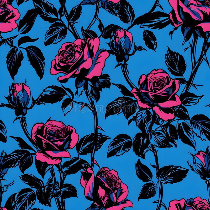 Black Roses Pattern on Blue Background Stock Illustration ...