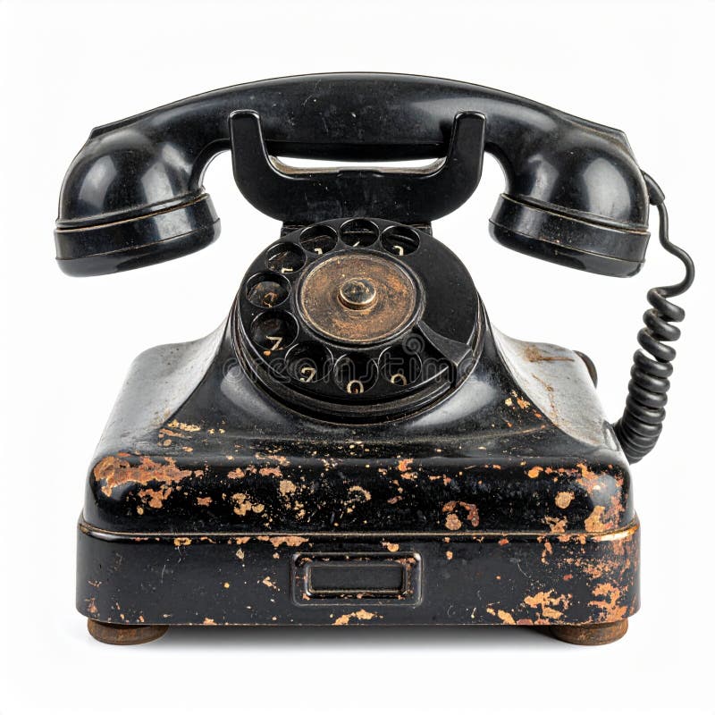 Black Rotary Dial Telephone with Coiled Wire on White Background Stock ...