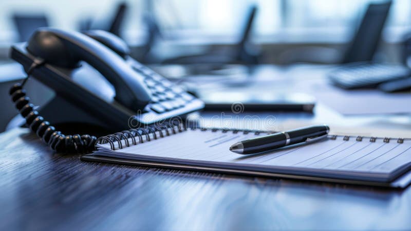 A Black Rotary Phone, a Pen, and an Open Notebook on a Wooden Desk ...