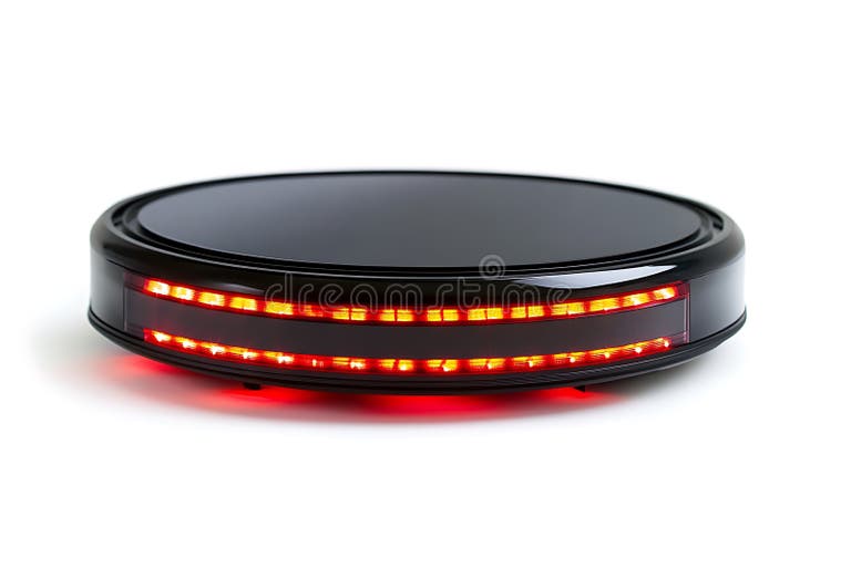 Black Round Device with Red LED Lights, Glossy Surface on White ...