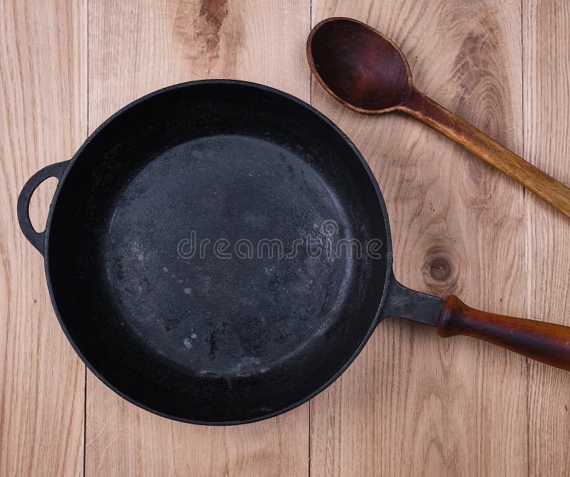 Black Round Frying Pan with Wooden Handle Stock Image - Image of space ...