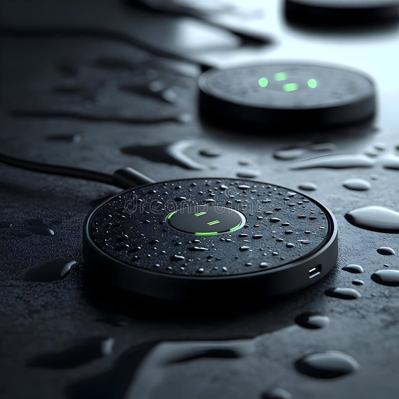 Black Round Object with Green Light on Wet Surface - Product ...