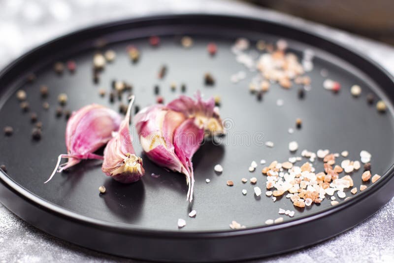 Black Round Plates with Spices and Condiments, Mockup for Menu Stock ...