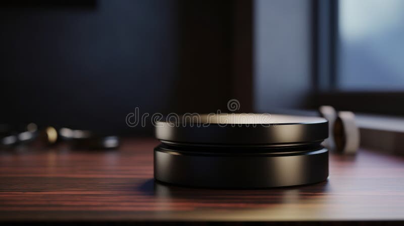Black Round Podium on Wooden Table in Dark Room. Stock Image - Image of ...