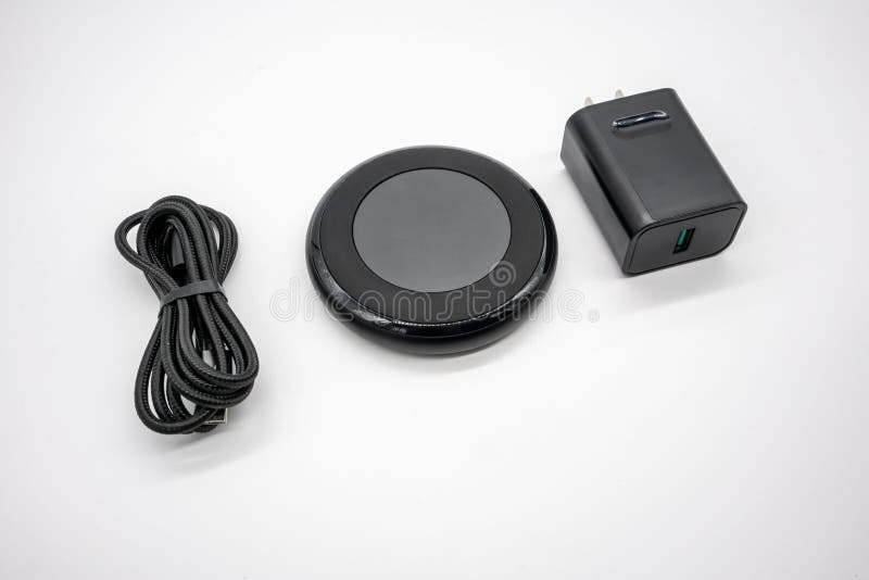 Black Round Shape Wireless Charger and Adapter Isolated on White Stock ...
