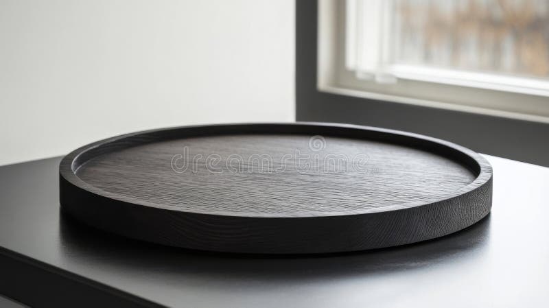 Black Round Textured Wooden Tray on Dark Surface Stock Illustration ...