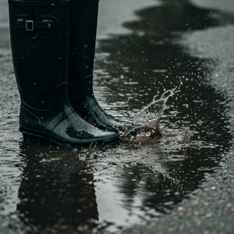 Black Rubber Boots Splashing in Rain Puddle Stock Illustration ...