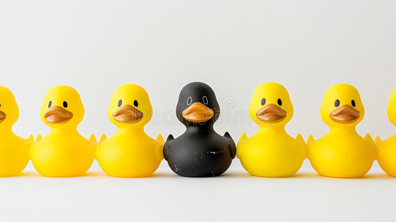 Black Rubber Duck Stands Out Among Yellow Rubber Ducks In A Line Unique Black Duck Among
