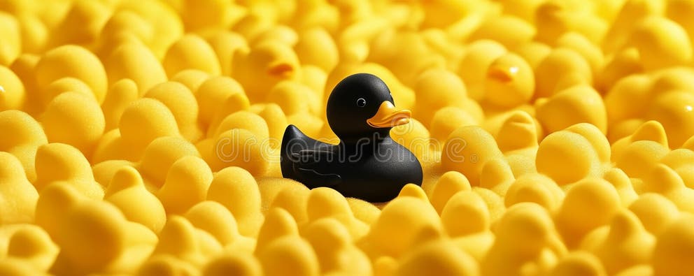 Black Rubber Duck among Yellow Rubber Ducks, Contrast and Uniqueness ...