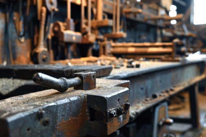 A Black and Rusty Workbench with Tools Scattered Around it Stock Image ...