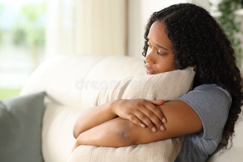 Black Sad Woman Hugging Pillow at Home Stock Image - Image of emotion ...
