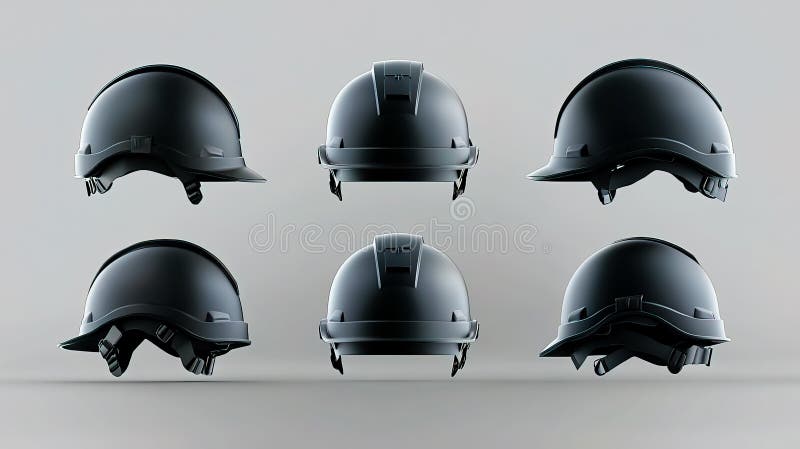 A Black Safety Helmet Shown in Four Different Projections: Front View ...