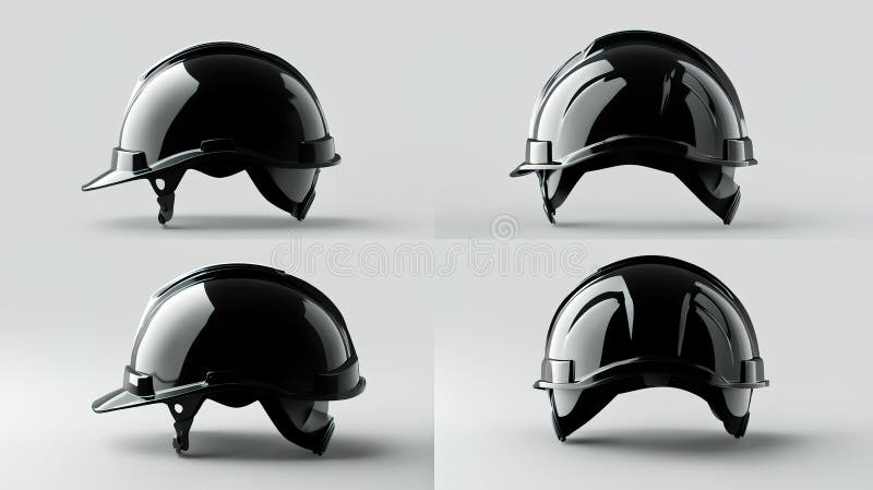 A Black Safety Helmet Shown in Four Different Projections: Front View ...