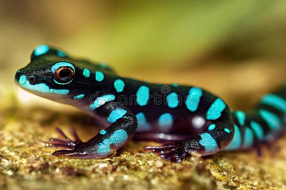 Black Salamander with Bright Blue Inserts Rests on Sand. Stock ...