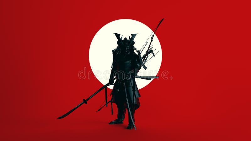 Black Samurai Polygon Form with Large White Sun Sphere Circle with Red ...