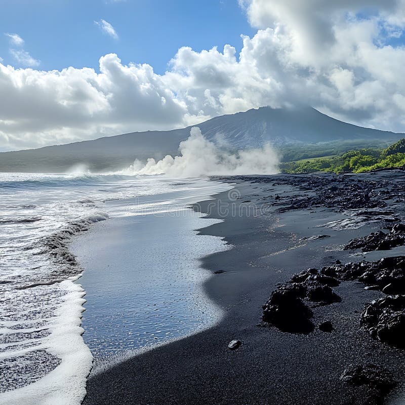 Black Sand Beach with Active Volcano in the Background Stock ...