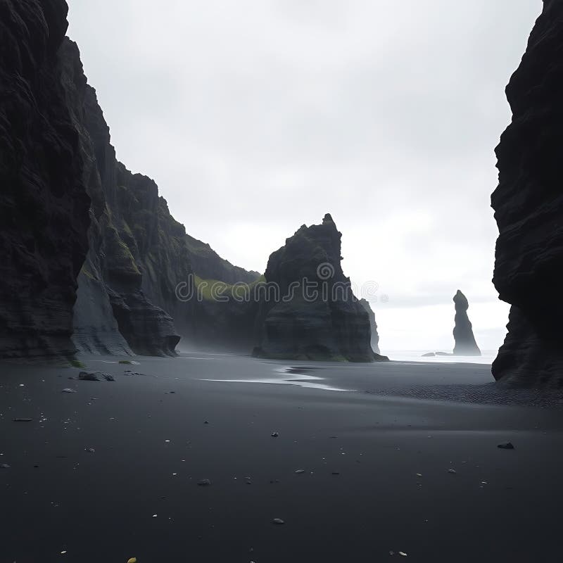 A Black Sand Beach with Towering Basalt Columns Under a Gray Sky Stock ...