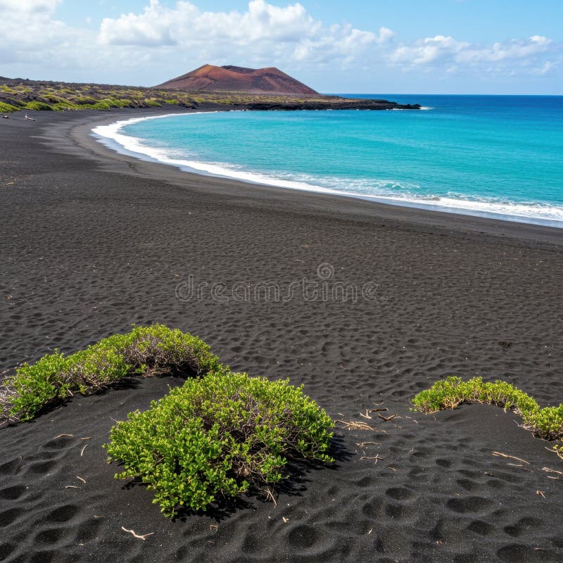 Black Sand Beach and Turquoise Ocean on Volcanic Island Stock ...
