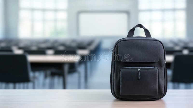Black School Backpack Placed on Desk in Empty Classroom with Copy Space ...