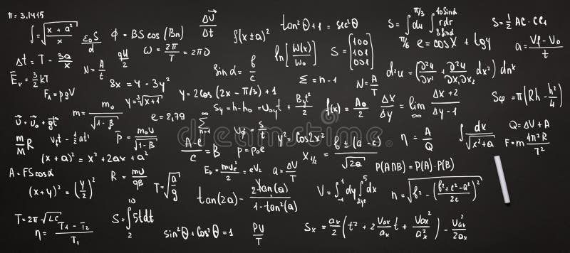 Black School Board with Chalk and Written Formulas, Equations and ...