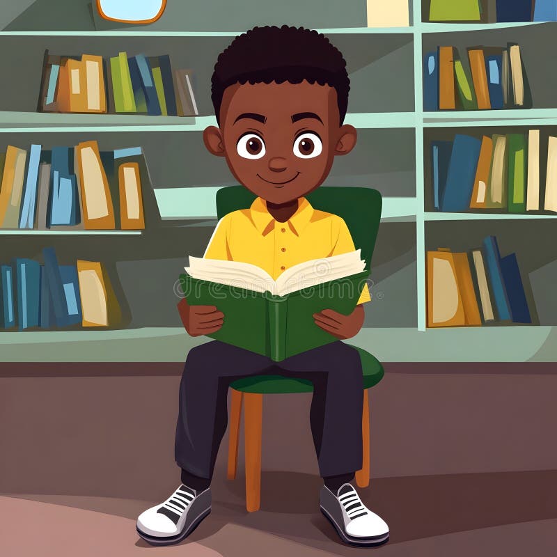 Cartoon Black Schoolboy is Reading and Studying in School Stock ...