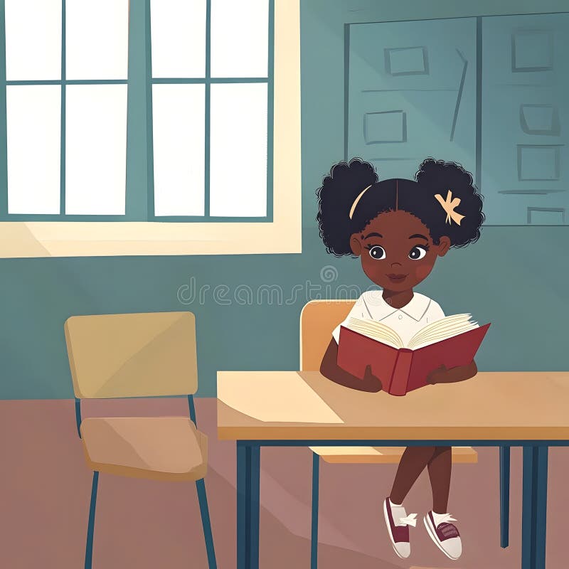 Black Schoolgirl is Reading a Book and Studying in School Stock ...