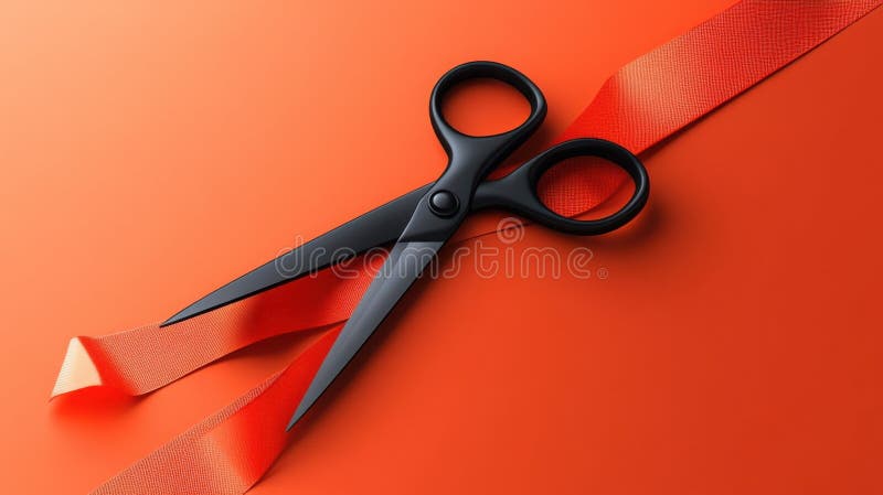 Black Scissors Cutting Red Ribbon on Orange Background AI-generated ...