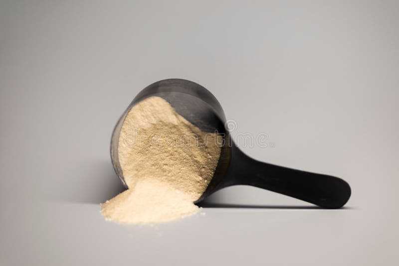 Black Scoop with Protein Powder on Gray Background. Stock Photo - Image ...