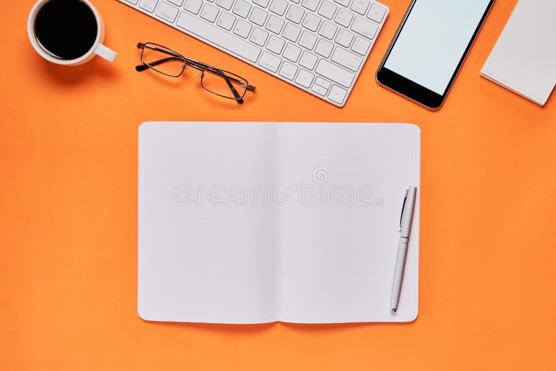 Black Screen Notebook Blank and Laptop Placed Orange Background ...