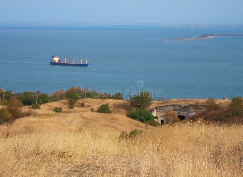 Black Sea Coast, Ship and Fortress Stock Photo - Image of horizon, hill ...