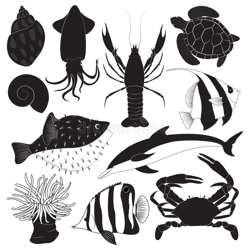 Black Sea Creature Icons stock vector. Illustration of fish - 43922356