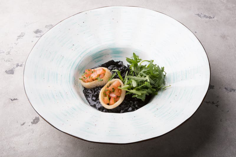 Black Seafood Risotto with Arugula Stock Photo - Image of cuttlefish ...